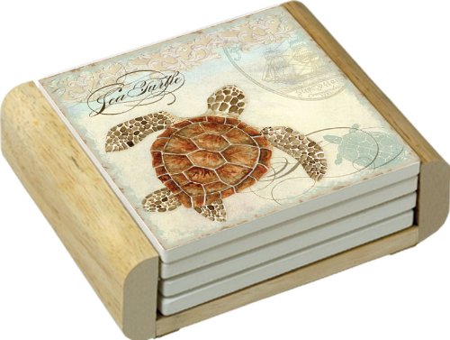 Sea Turtle Design Absorbent Coasters in Wooden Holder, Set of 4 - My ...